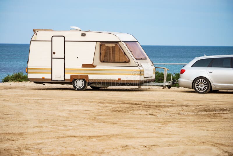 Caravan Trailer Camping on Beach Stock Photo - Image of seashore ...