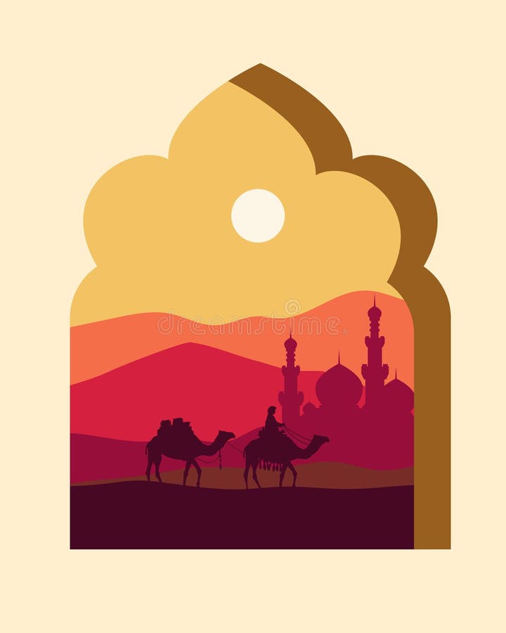 Caravan Traveling in Sahara Desert on Arabic Windows Style Stock Vector ...