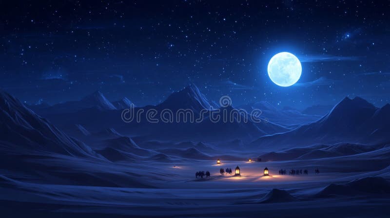 A Caravan Travels through a Desert Under a Full Moon and Starry Night ...