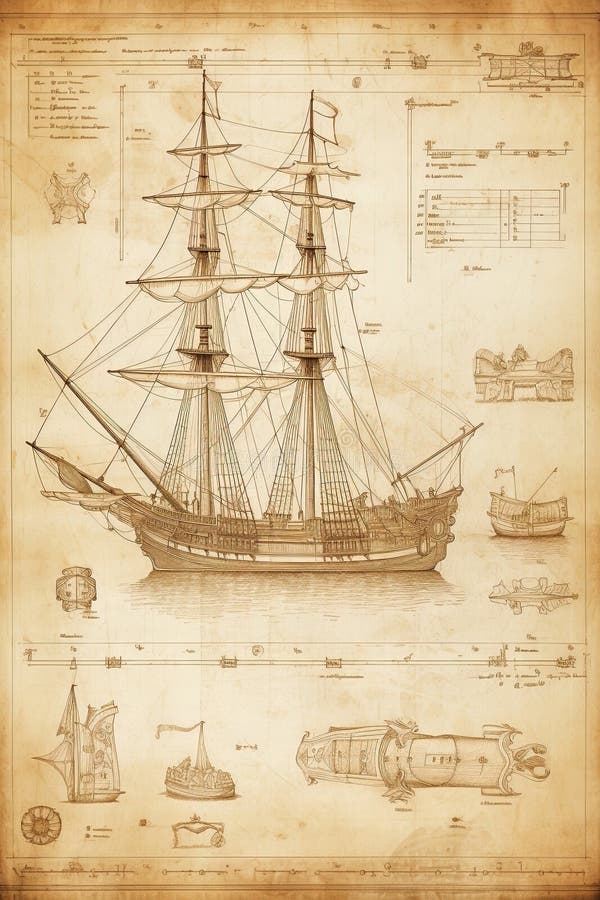 Caravel, Sailing Ship Sketch. Technical Drawing. Exploration and ...