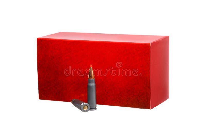 Carbine Cartridges Near the Box. Bullets on White Stock Image - Image ...