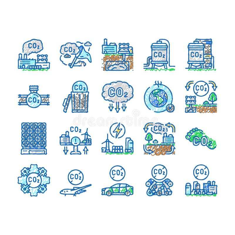 Carbon Capture Co2 Storage Icons Hand Drawn Stock Illustration ...