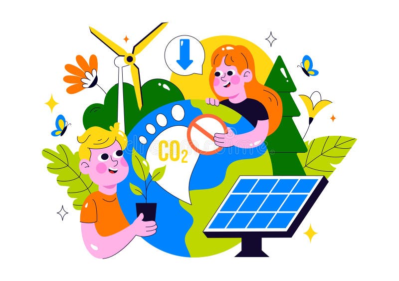 Carbon Footprint Reduction Illustration Featuring Environmental ...