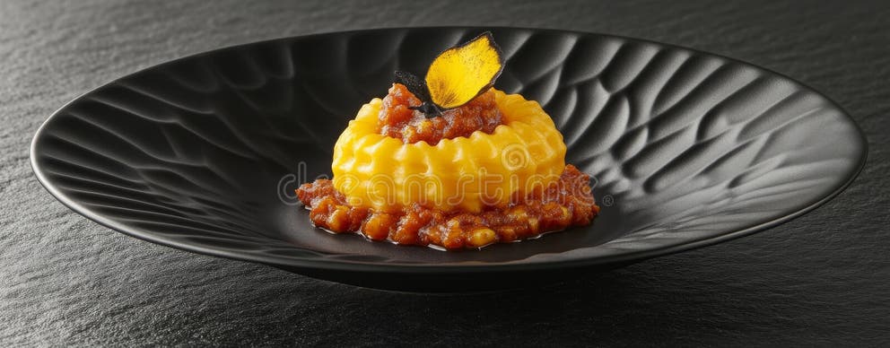 Carbonara Dinner is Presented on a Dark Plate of Tangled Spaghetti in ...