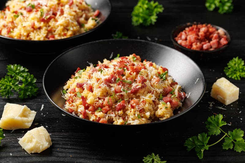 Carbonara Fried Rice with Pancetta, Pecorino Romano Cheese, Eggs in a ...