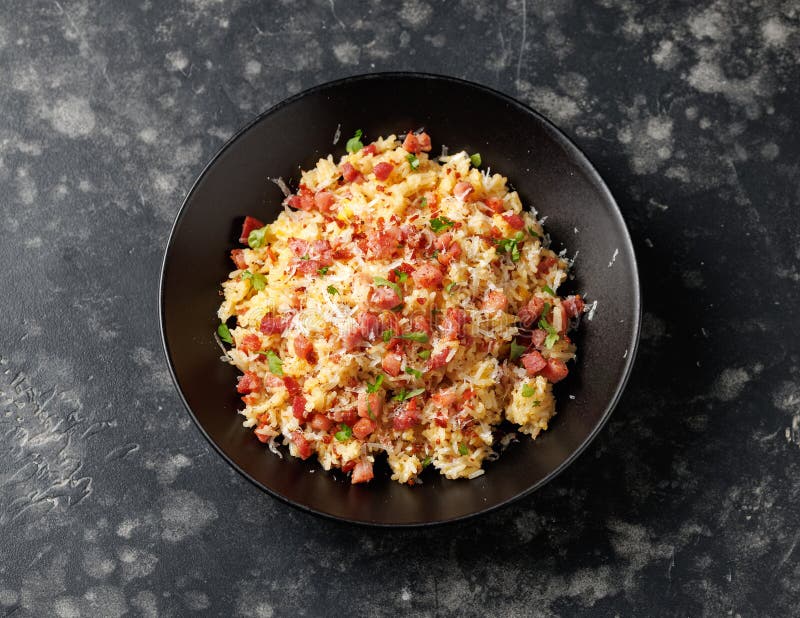 Carbonara Fried Rice with Pancetta, Pecorino Romano Cheese, Eggs in a ...