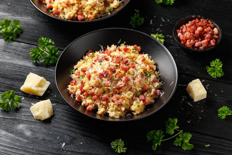 Carbonara Fried Rice with Pancetta, Pecorino Romano Cheese, Eggs in a ...