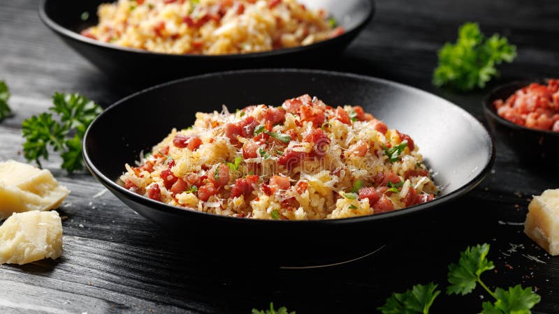 Carbonara Fried Rice with Pancetta, Pecorino Romano Cheese, Eggs in a ...