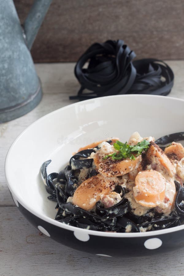 Carbonara Squid Ink with Sausages Stock Image - Image of europe ...