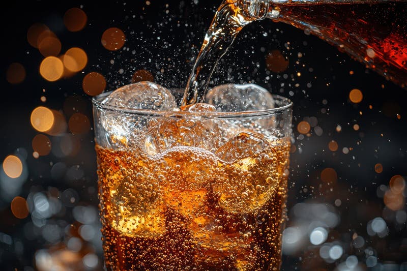 Effervescent Glass of Soda with Ice and Bokeh Light Background Stock ...