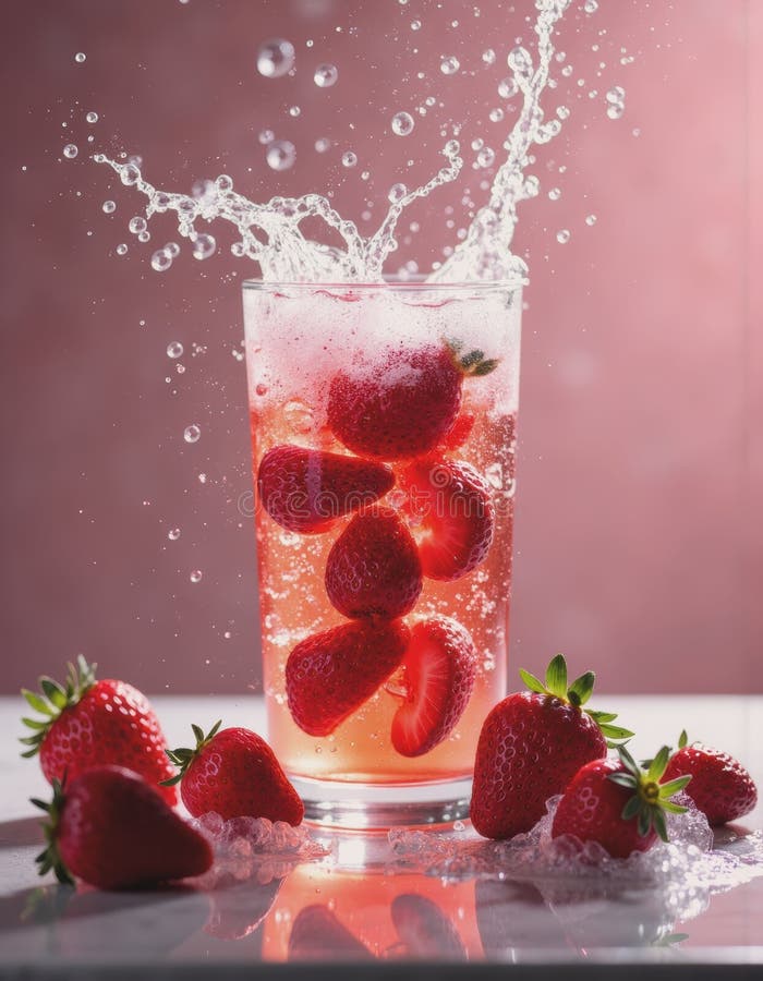 Carbonated Drink with Strawberries Exploding in a Splash of Fizz Stock ...
