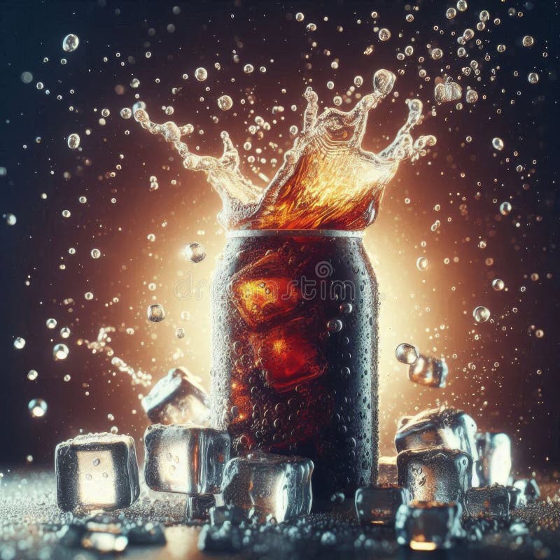 Carbonated Soda with Ice Splashes, Capturing a Burst of Refreshing Fizz ...