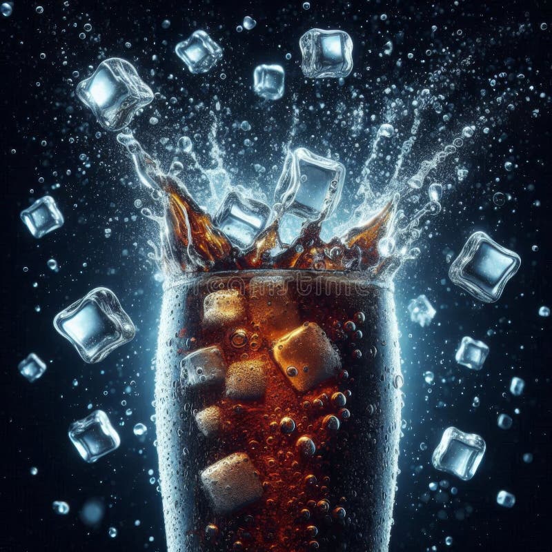 Carbonated Soda with Ice Splashes, Capturing a Burst of Refreshing Fizz ...