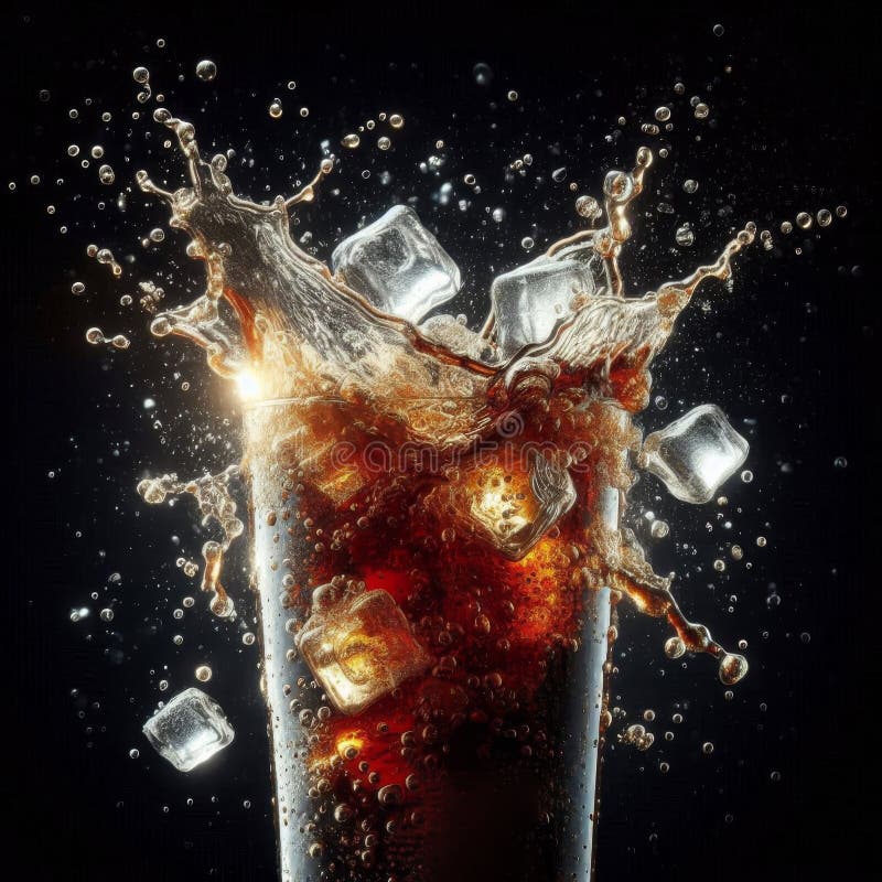 Carbonated Soda with Ice Splashes, Capturing a Burst of Refreshing Fizz ...
