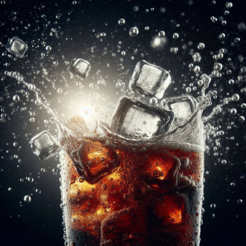 Carbonated Soda with Ice Splashes, Capturing a Burst of Refreshing Fizz ...