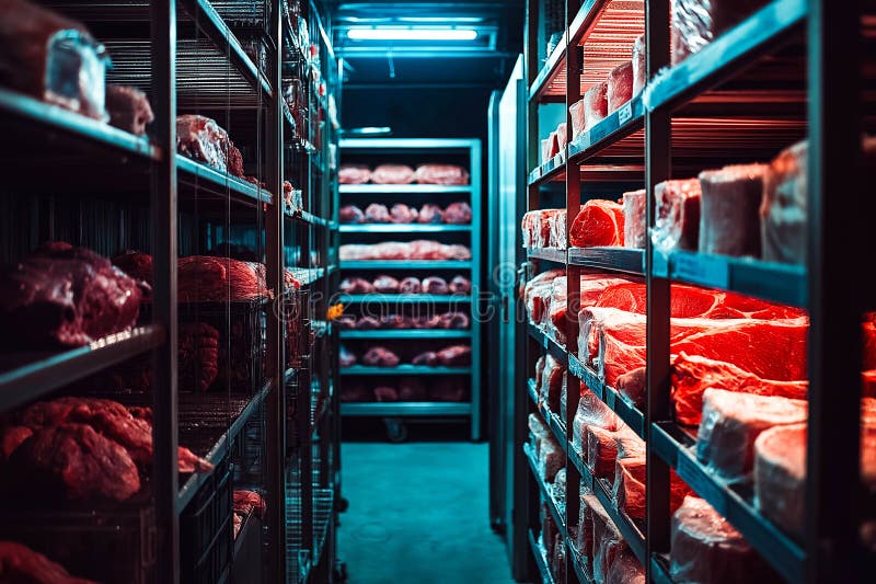 Carcass Meats in Cold Storage. Meat Industry and Meat Processing Line ...