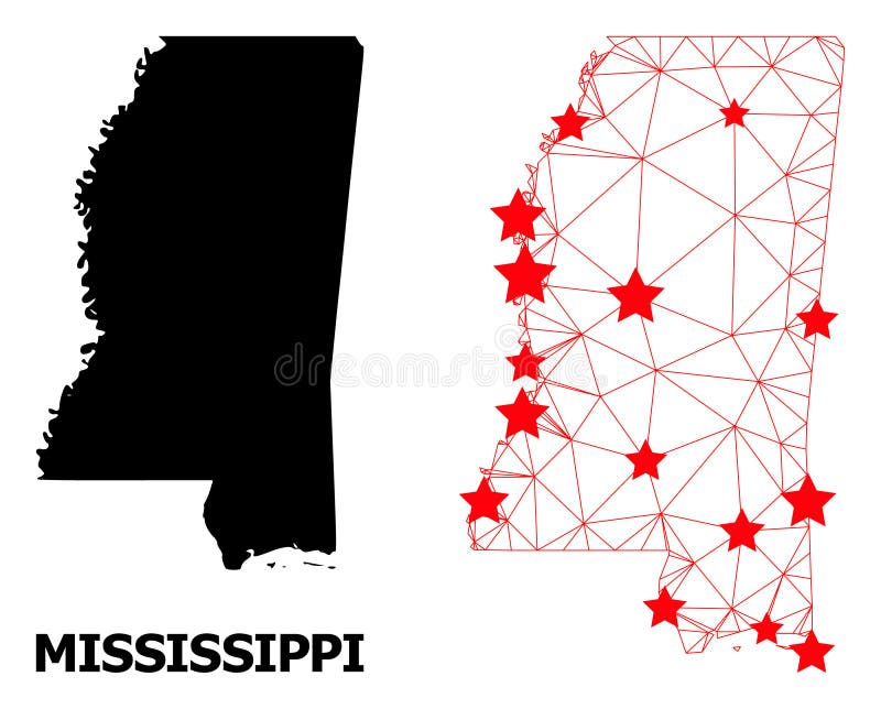 Carcass Polygonal Map of Mississippi State with Red Stars Stock Vector ...