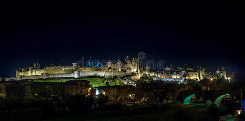 Carcassone Medieval Castle Night View. Panorama Stock Image - Image of ...