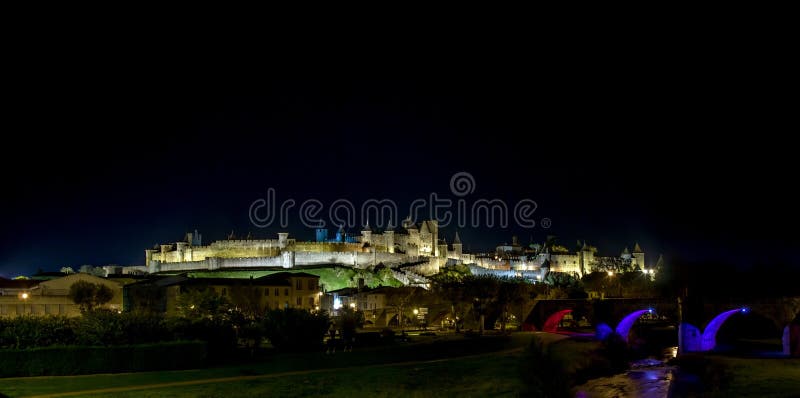 Carcassone Medieval Castle Night View. Panorama Stock Photo - Image of ...