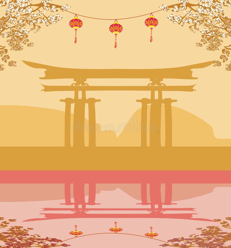 Card with Asian Buildings and Cherry Blossoms Stock Vector ...