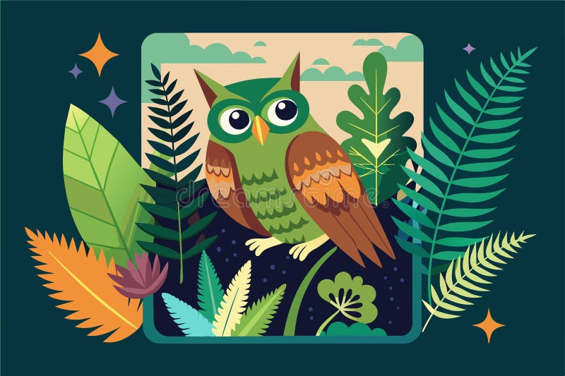 Owl Illustration. Green Background with Fern Leaves and Stars Stock ...