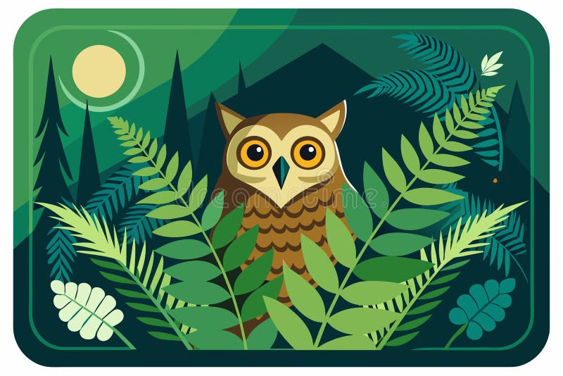 The Back Card Has an Image of an Owl. Green Background with Fern Leaves ...