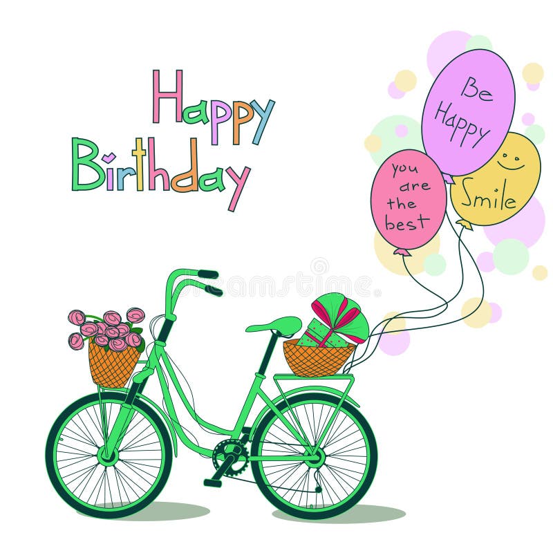 Card for Birthday with Bicycle and Balloons Stock Vector - Illustration ...