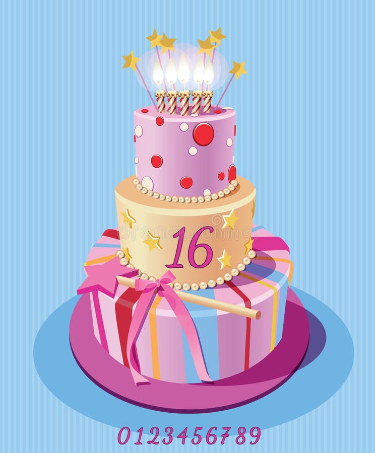 Card with Birthday Cake and Numbers. Vector. Pink. Stock Vector ...