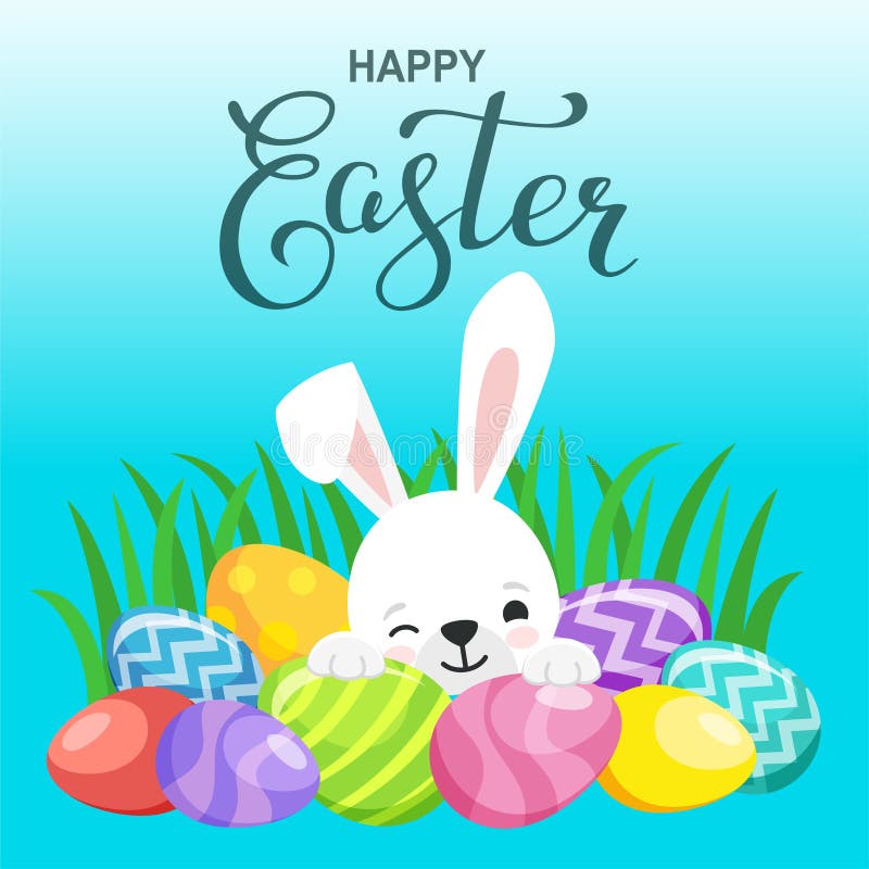 Card With Bright Easter Eggs Calligraphy Text Happy Easter And Cute