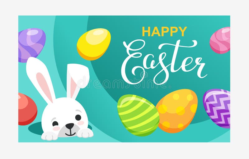 Card With Bright Easter Eggs Calligraphy Text Happy Easter And Cute