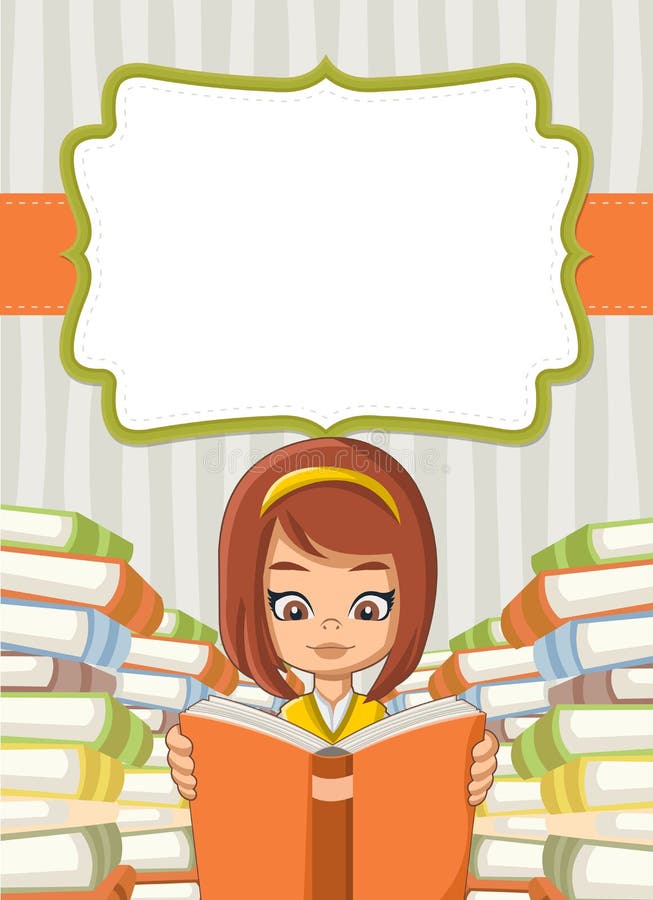 Card with Cartoon Girl Reading Books. Stock Vector - Illustration of ...