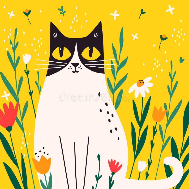Card with Cute Cat in Flowers on Yellow Backgrounds. Vector Stock ...