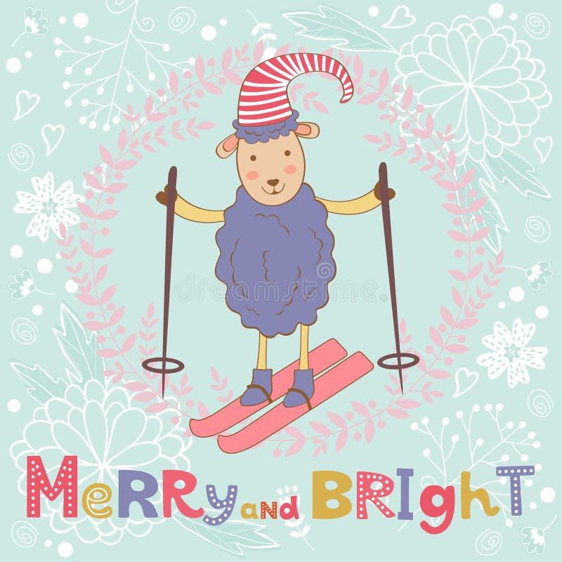 2015 Card with Cute Funny Skiing Sheep Stock Vector - Illustration of ...