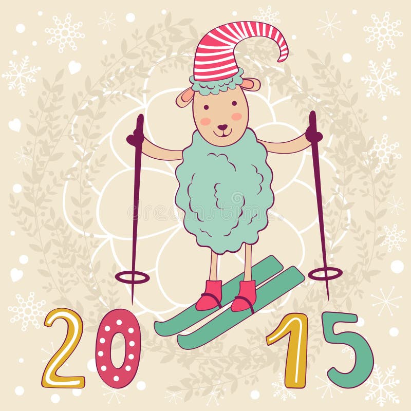2015 Card with Cute Funny Skiing Sheep Stock Vector - Illustration of ...