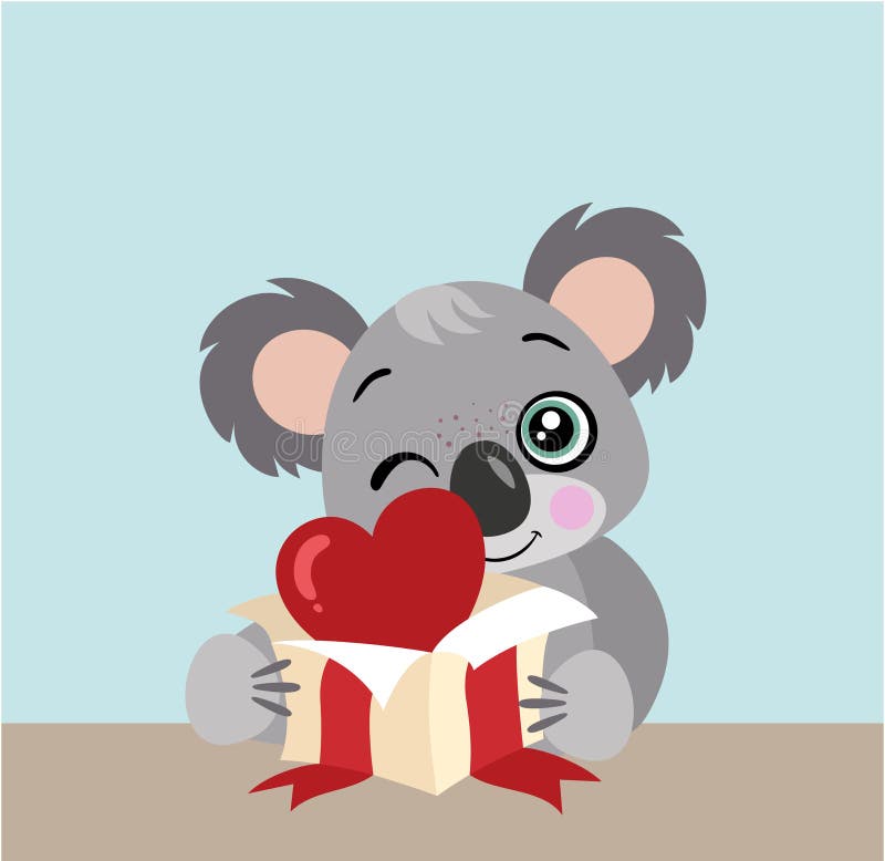 Card with Cute Koala Opening Surprise Heart Box Stock Vector ...