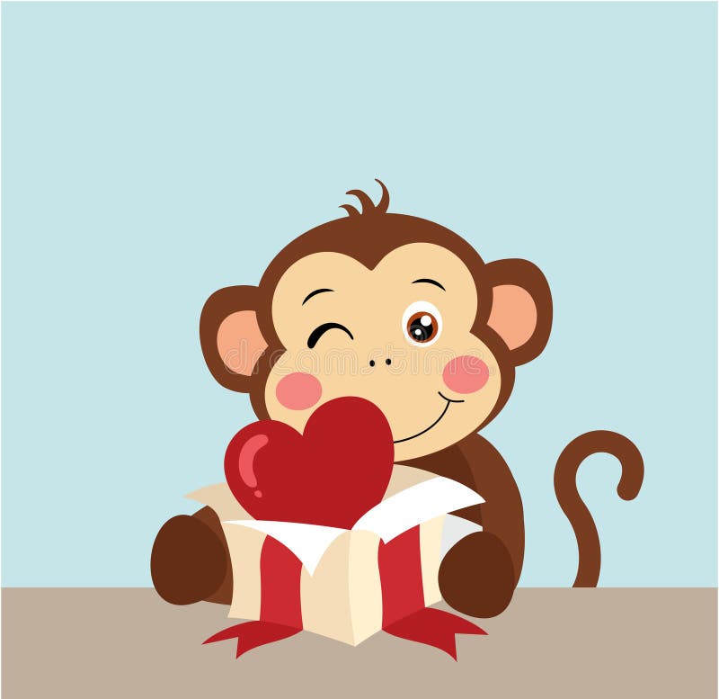 Card with Cute Monkey Opening Surprise Heart Box Stock Illustration ...