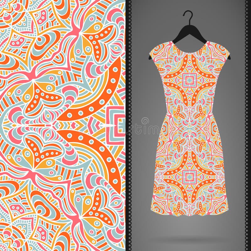 Card with Dress and Seamless Pattern Stock Vector - Illustration of ...