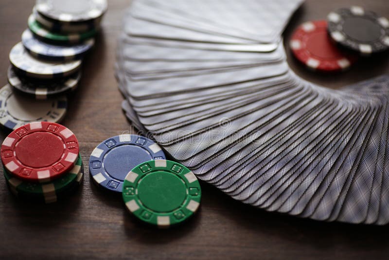Card Game Using Chips on a Wooden Table Stock Image - Image of play ...
