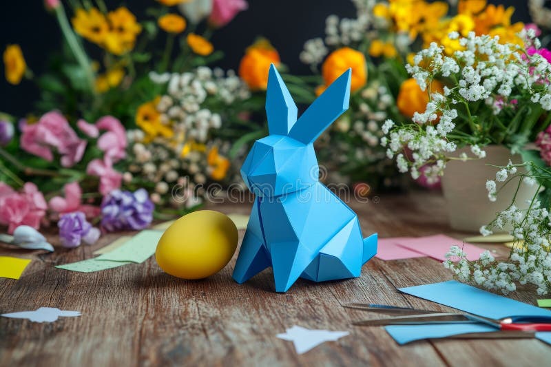 A Card with a Handmade Easter Bunny, Easter Egg, and Spring Flowers ...