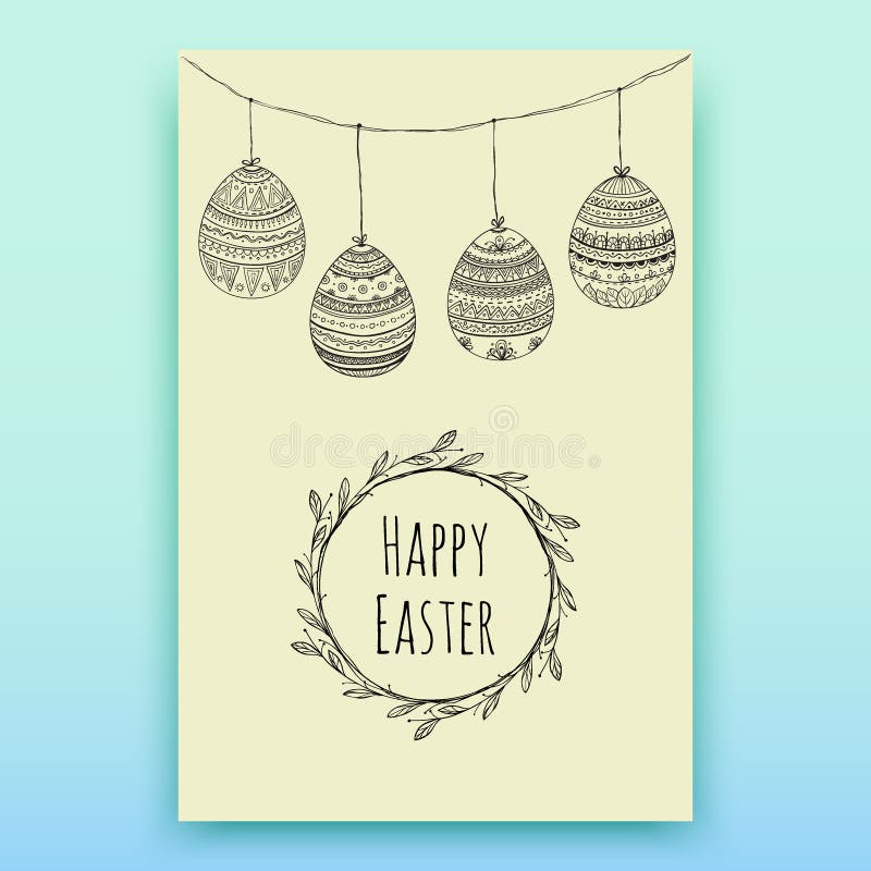 Card with Hanging Easter Eggs. Handdrawn Decorative Elements in Vector ...