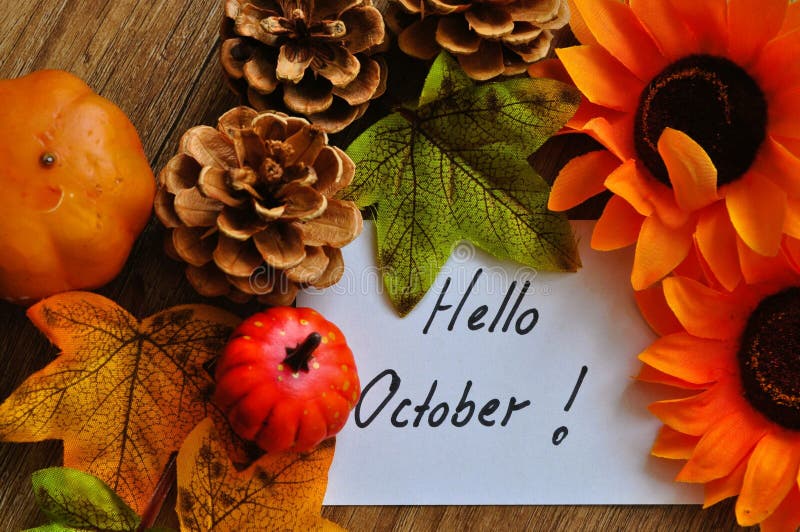 Card with Hello October Write between Sunflowers, Leaves and Pumpkins ...