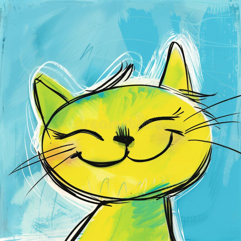 Card with Hildren S Drawing. Portrait of a Funny Yellow Cat on a Blue ...
