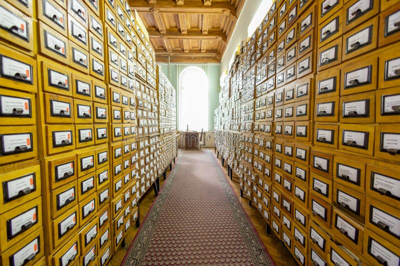 Card Index with Cards in a Library. Rows of Wooden Boxes with ...