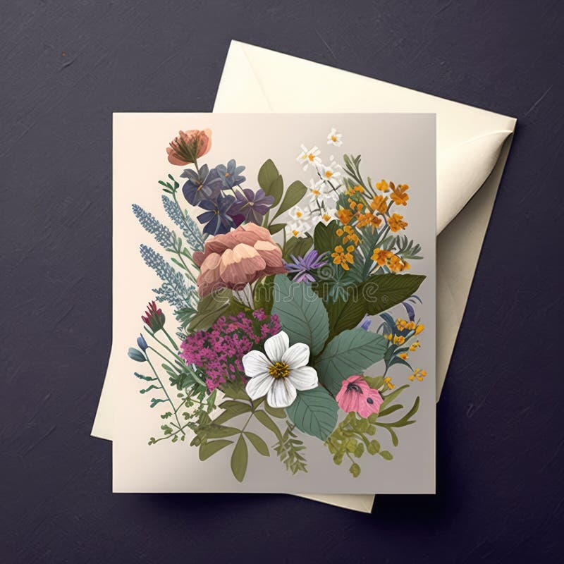 Card with Multi Coloured Flowers and Envelope, Created Using Generative ...