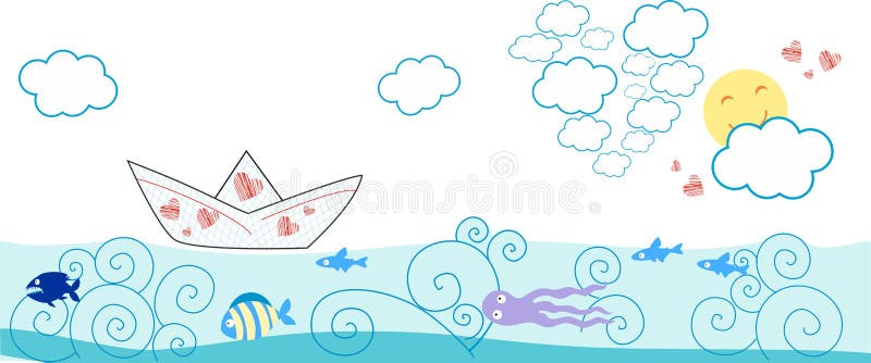 Card with Paper Boat and Fish Stock Vector - Illustration of heart ...