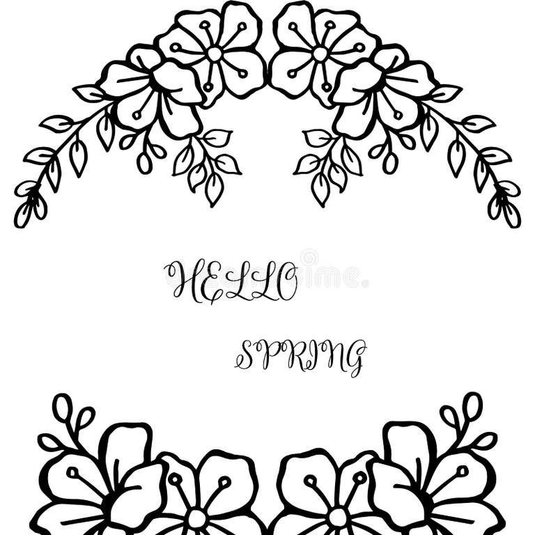 Card Pattern of Hello Spring on White Backdrop, with Drawing of Wreath ...