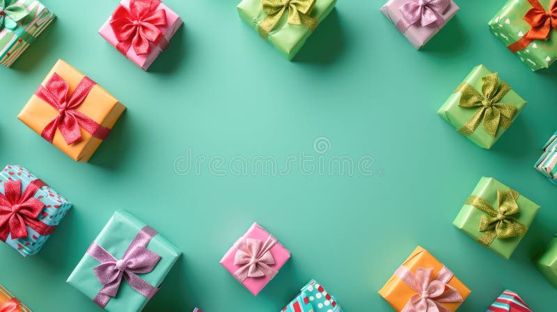Card with Random Colors Gift Boxes on Background Arranged in a Flat Lay ...