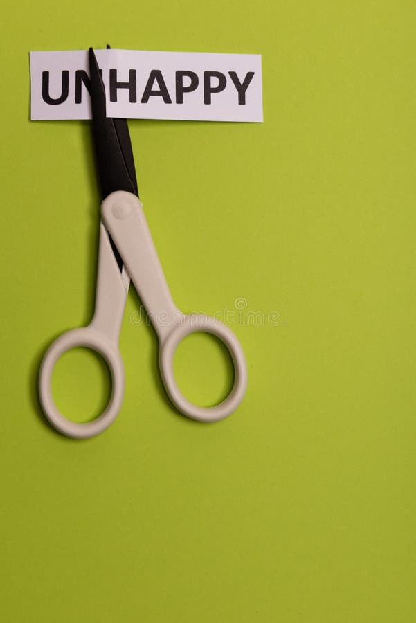 Card with Text Unhappy, Cutting Word & X27;un& X27; so it Written & X27 ...