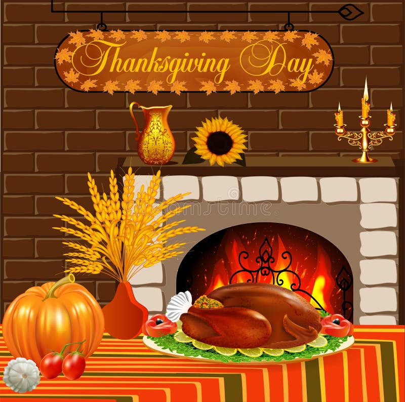 Card for Thanksgiving with Turkey and Vegetables Fireplace Stock Vector ...