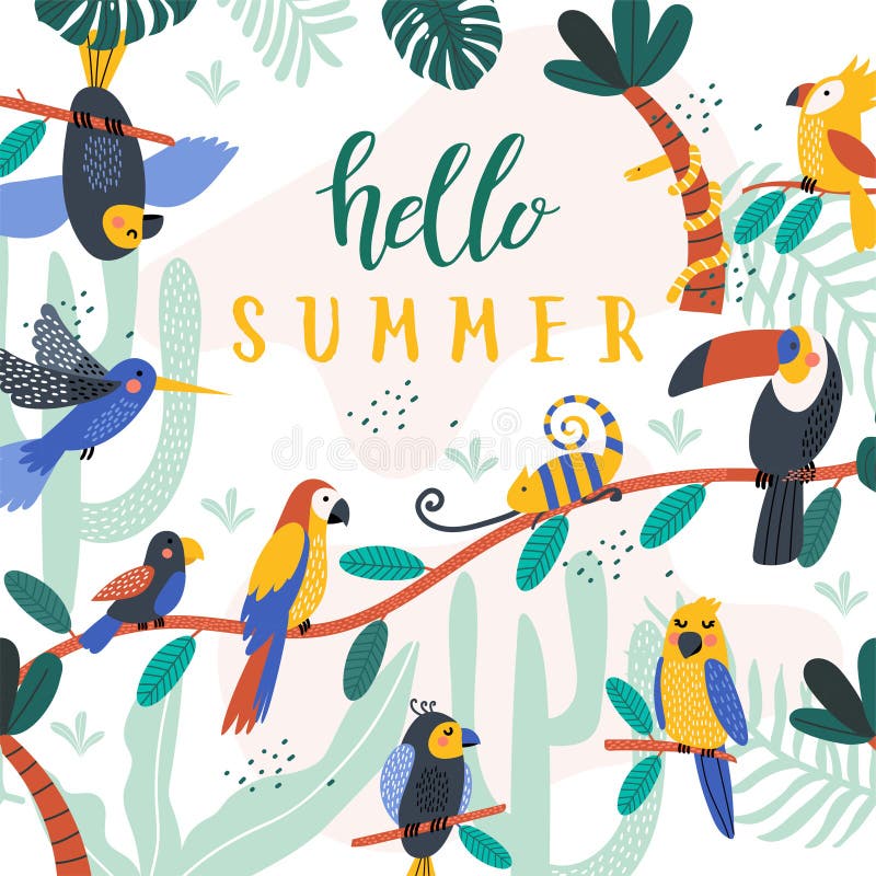 Card with Tropical Birds, Palm Leaves. Hello Summer Card. Vector ...